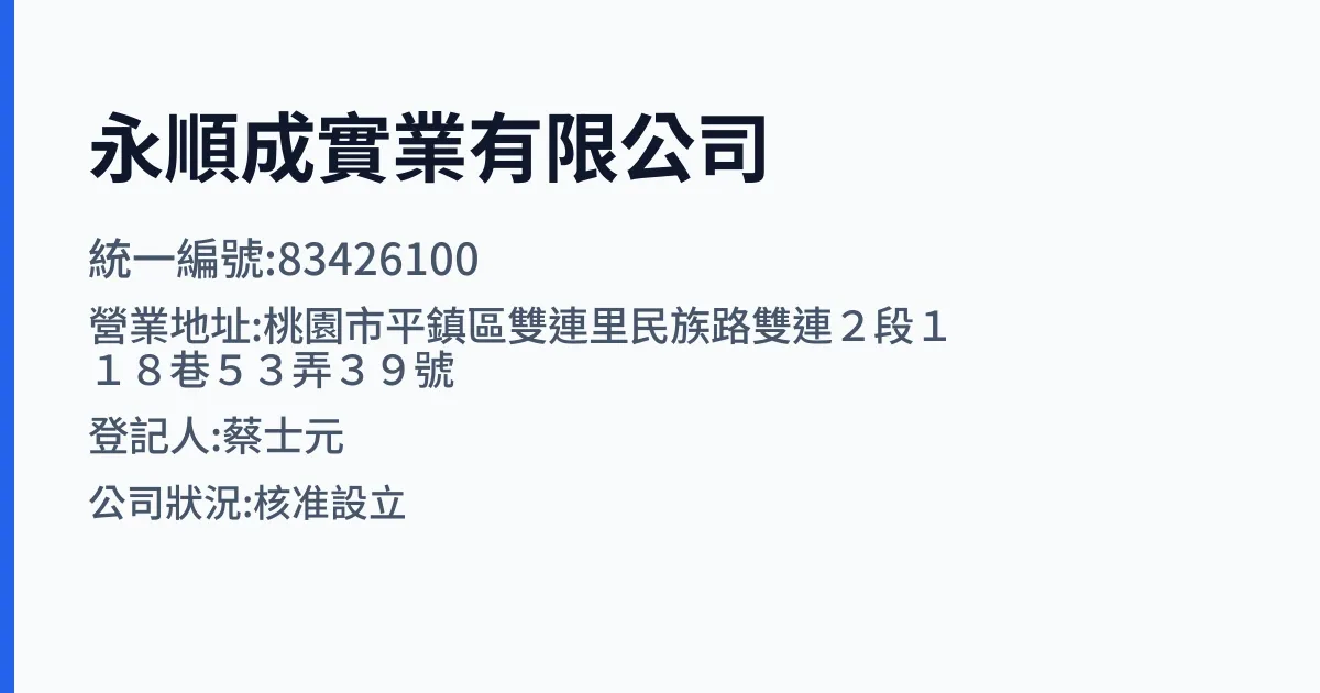 永順成實業有限公司 - 統編 83426100(臺北市) 公司登記資料與營業項目詳細圖表