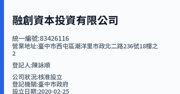 融創資本投資有限公司的照片-統編 83426116(臺中市) 公司登記資料與營業項目詳細圖表