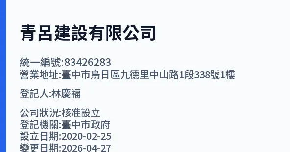 青呂建設有限公司的照片-統編 83426283(臺中市) 公司登記資料與營業項目詳細圖表