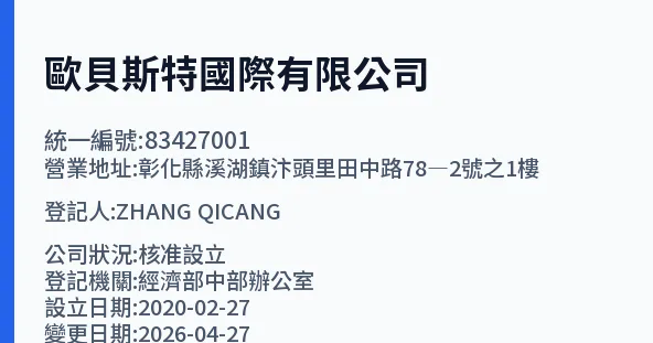 歐貝斯特國際有限公司的照片-統編 83427001(彰化縣) 公司登記資料與營業項目詳細圖表