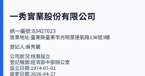 一秀實業股份有限公司的照片-統編 83427023(臺東縣) 公司登記資料與營業項目詳細圖表