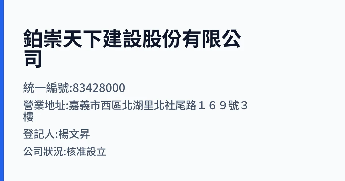 鉑崇天下建設股份有限公司 - 統編 83428000(嘉義市) 公司登記資料與營業項目詳細圖表