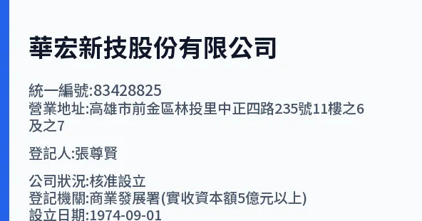 華宏新技股份有限公司的照片-統編 83428825(高雄市) 公司登記資料與營業項目詳細圖表