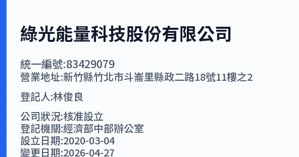 綠光能量科技股份有限公司的照片-統編 83429079(新竹縣) 公司登記資料與營業項目詳細圖表
