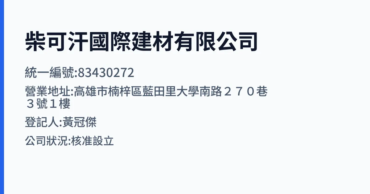 柴可汗國際建材有限公司 - 統編 83430272(嘉義市) 公司登記資料與營業項目詳細圖表
