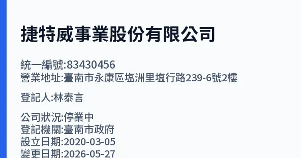 捷特威事業股份有限公司的照片-統編 83430456(臺南市) 公司登記資料與營業項目詳細圖表