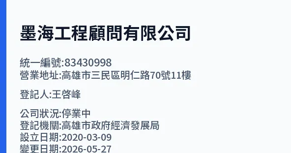 墨海工程顧問有限公司的照片-統編 83430998(高雄市) 公司登記資料與營業項目詳細圖表