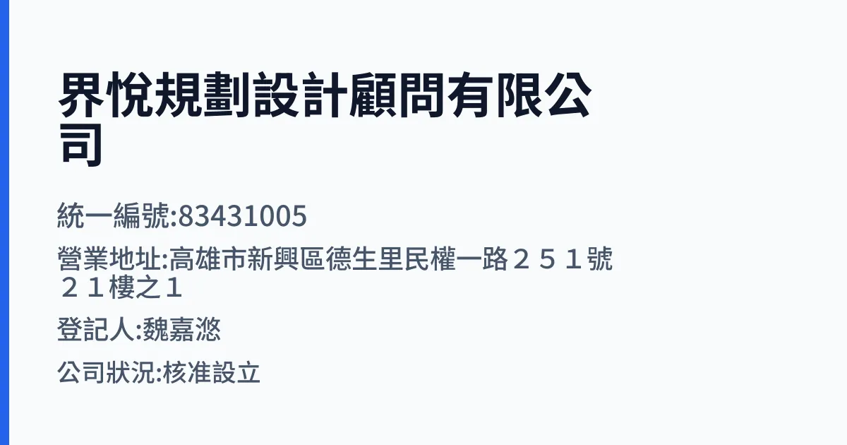界悅規劃設計顧問有限公司 - 統編 83431005(高雄市) 公司登記資料與營業項目詳細圖表