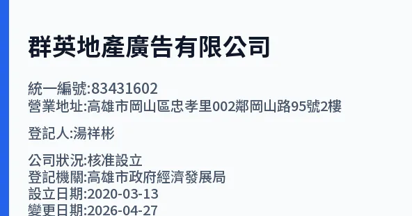 群英地產廣告有限公司的照片-統編 83431602(高雄市) 公司登記資料與營業項目詳細圖表