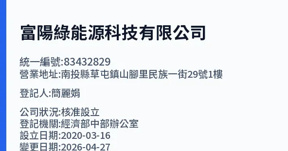 富陽綠能源科技有限公司的照片-統編 83432829(南投縣) 公司登記資料與營業項目詳細圖表