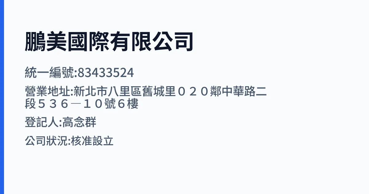 鵬美國際有限公司 - 統編 83433524(新北市) 公司登記資料與營業項目詳細圖表