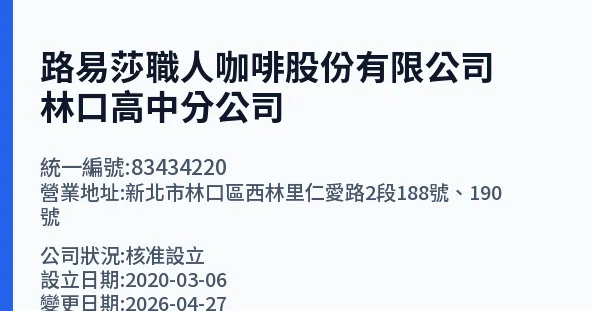 路易莎職人咖啡股份有限公司林口高中分公司的照片-統編 83434220(新北市) 公司登記資料與營業項目詳細圖表