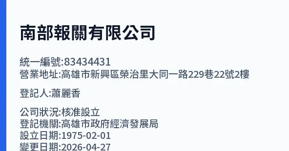 南部報關有限公司的照片-統編 83434431(高雄市) 公司登記資料與營業項目詳細圖表