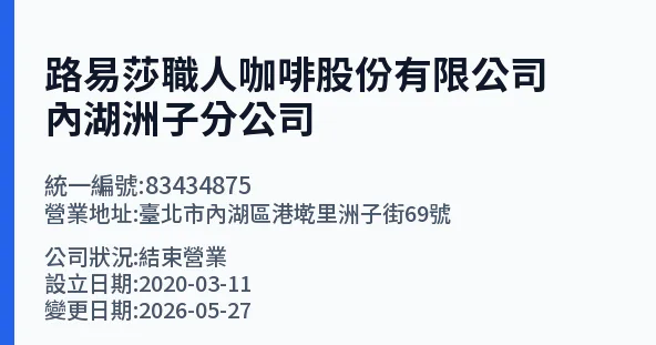 路易莎職人咖啡股份有限公司內湖洲子分公司的照片-統編 83434875(臺北市) 公司登記資料與營業項目詳細圖表