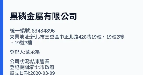 黑磷金屬有限公司的照片-統編 83434896(新北市) 公司登記資料與營業項目詳細圖表