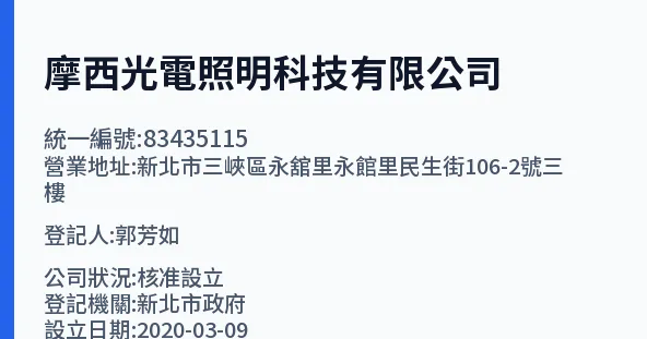 摩西光電照明科技有限公司的照片-統編 83435115(新北市) 公司登記資料與營業項目詳細圖表