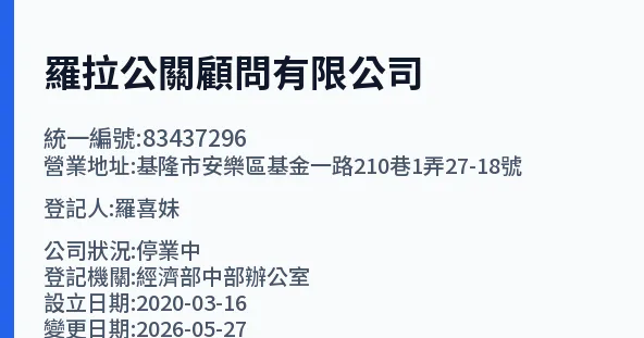 羅拉公關顧問有限公司的照片-統編 83437296(基隆市) 公司登記資料與營業項目詳細圖表