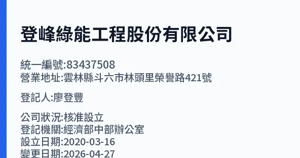 登峰綠能工程股份有限公司的照片-統編 83437508(雲林縣) 公司登記資料與營業項目詳細圖表