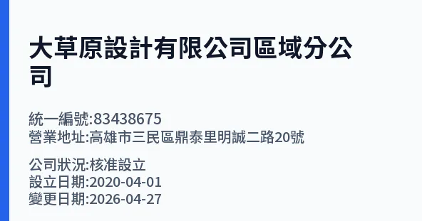 大草原設計有限公司區域分公司的照片-統編 83438675(高雄市) 公司登記資料與營業項目詳細圖表