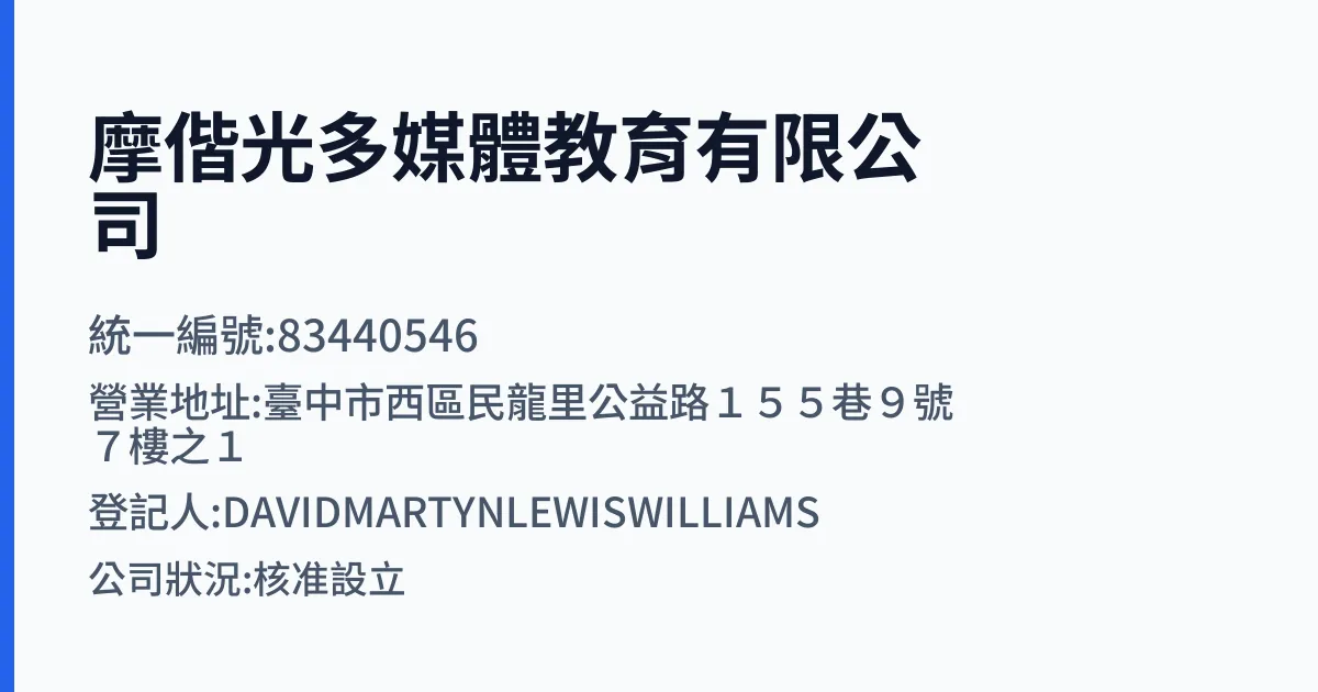 摩偕光多媒體教育有限公司 - 統編 83440546(臺中市) 公司登記資料與營業項目詳細圖表