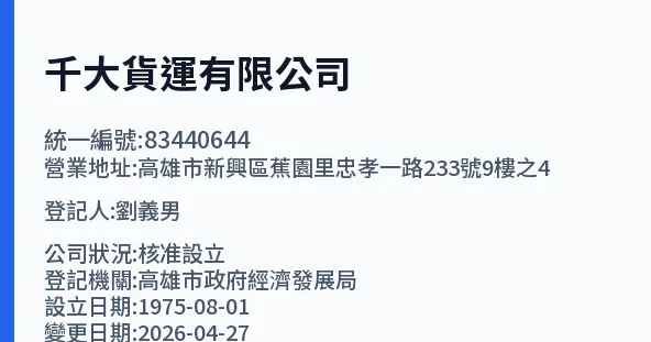 千大貨運有限公司的照片-統編 83440644(高雄市) 公司登記資料與營業項目詳細圖表