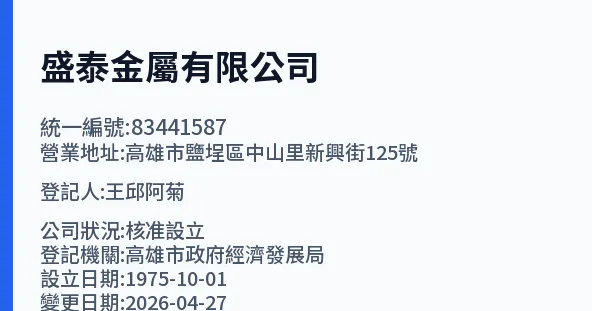 盛泰金屬有限公司的照片-統編 83441587(高雄市) 公司登記資料與營業項目詳細圖表