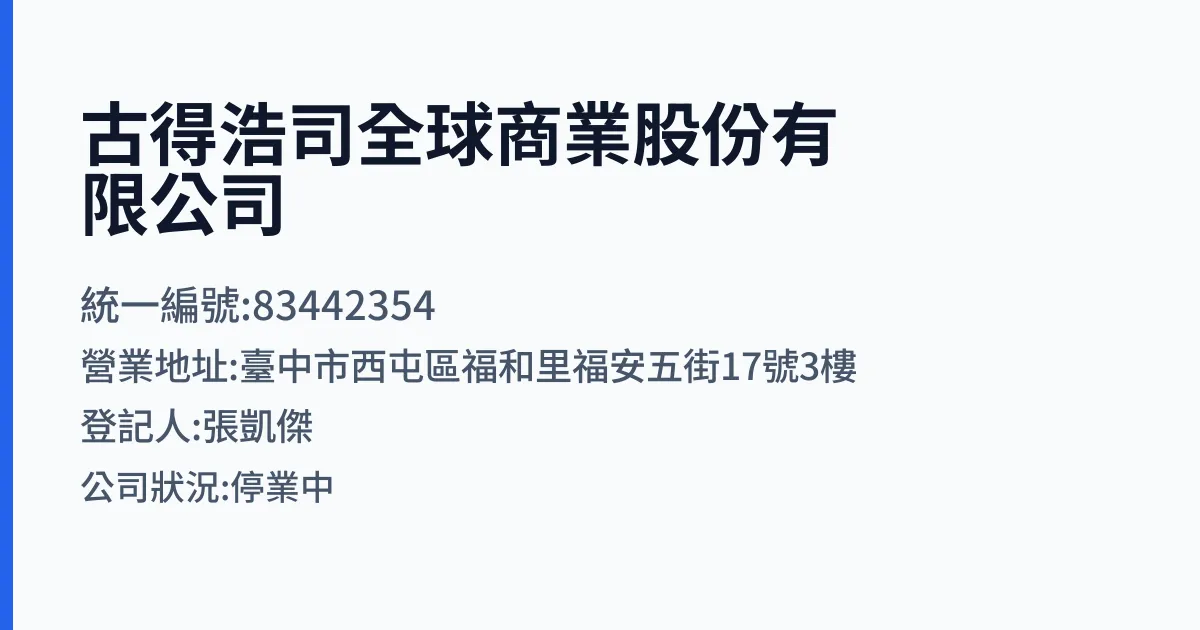 古得浩司全球商業股份有限公司 - 統編 83442354(臺中市) 公司登記資料與營業項目詳細圖表