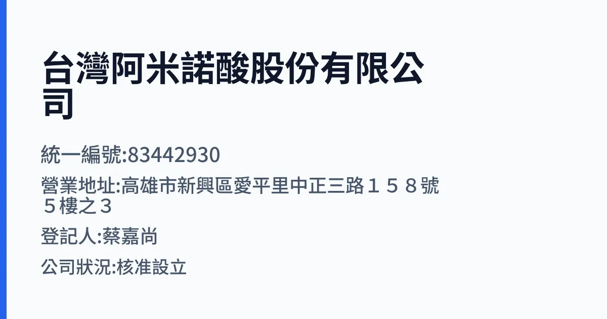 台灣阿米諾酸股份有限公司 - 統編 83442930(高雄市) 公司登記資料與營業項目詳細圖表