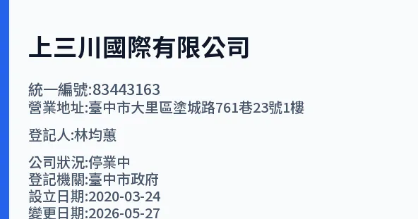 上三川國際有限公司的照片-統編 83443163(臺中市) 公司登記資料與營業項目詳細圖表