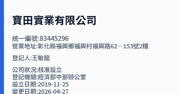 寶田實業有限公司的照片-統編 83445296(彰化縣) 公司登記資料與營業項目詳細圖表