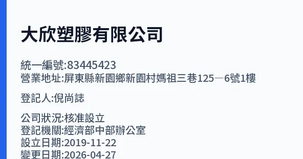 大欣塑膠有限公司的照片-統編 83445423(屏東縣) 公司登記資料與營業項目詳細圖表