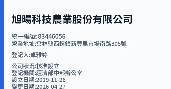 旭暘科技農業股份有限公司的照片-統編 83446056(雲林縣) 公司登記資料與營業項目詳細圖表