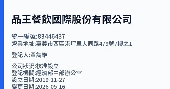品王餐飲國際股份有限公司的照片-統編 83446437(嘉義市) 公司登記資料與營業項目詳細圖表