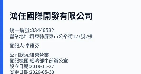 鴻任國際開發有限公司的照片-統編 83446582(屏東縣) 公司登記資料與營業項目詳細圖表