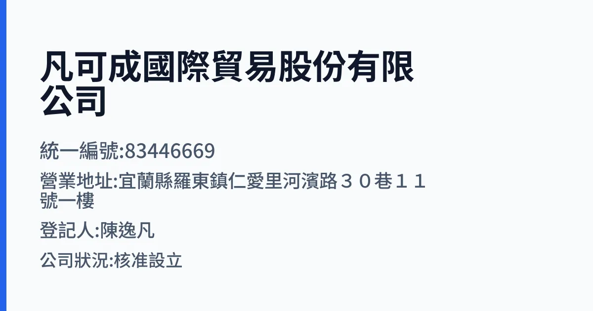 凡可成國際貿易股份有限公司 - 統編 83446669(宜蘭縣) 公司登記資料與營業項目詳細圖表