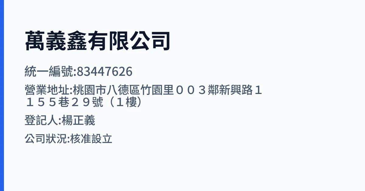 萬義鑫有限公司 - 統編 83447626(桃園市) 公司登記資料與營業項目詳細圖表