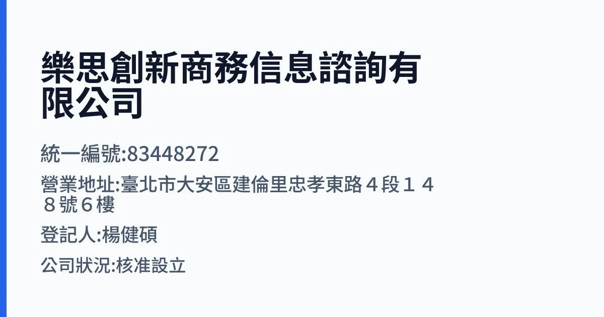 樂思創新商務信息諮詢有限公司 - 統編 83448272(臺北市) 公司登記資料與營業項目詳細圖表