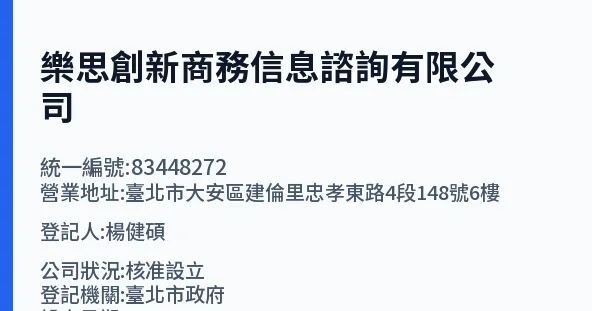 樂思創新商務信息諮詢有限公司的照片-統編 83448272(臺北市) 公司登記資料與營業項目詳細圖表