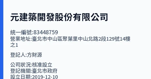 元建築開發股份有限公司的照片-統編 83448759(臺北市) 公司登記資料與營業項目詳細圖表