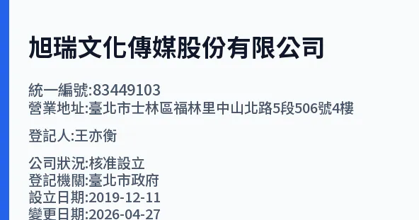 旭瑞文化傳媒股份有限公司的照片-統編 83449103(臺北市) 公司登記資料與營業項目詳細圖表