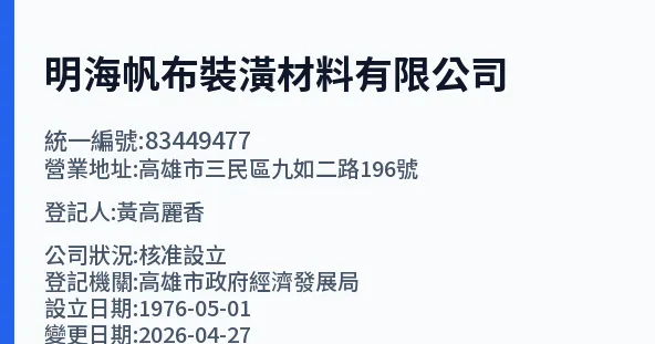 明海帆布裝潢材料有限公司的照片-統編 83449477(高雄市) 公司登記資料與營業項目詳細圖表