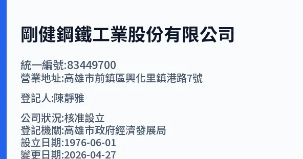 剛健鋼鐵工業股份有限公司的照片-統編 83449700(高雄市) 公司登記資料與營業項目詳細圖表