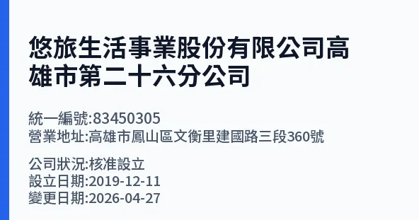悠旅生活事業股份有限公司高雄市第二十六分公司的照片-統編 83450305(高雄市) 公司登記資料與營業項目詳細圖表
