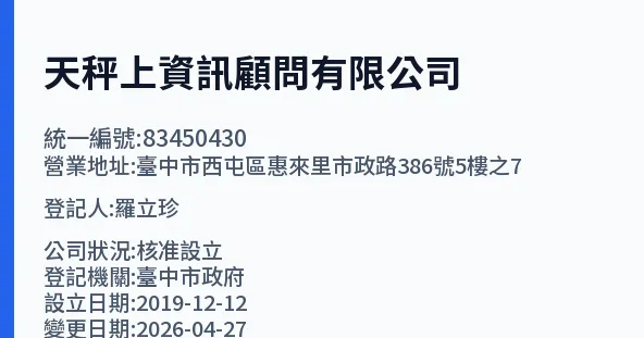 天秤上資訊顧問有限公司的照片-統編 83450430(臺中市) 公司登記資料與營業項目詳細圖表