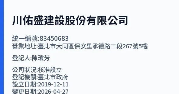 川佑盛建設股份有限公司的照片-統編 83450683(臺北市) 公司登記資料與營業項目詳細圖表