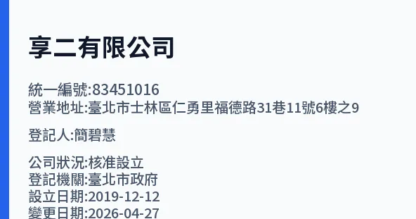 享二有限公司的照片-統編 83451016(臺北市) 公司登記資料與營業項目詳細圖表
