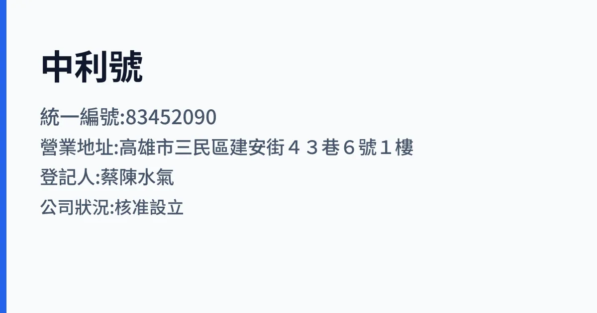 中利號 - 統編 83452090(高雄市) 公司登記資料與營業項目詳細圖表