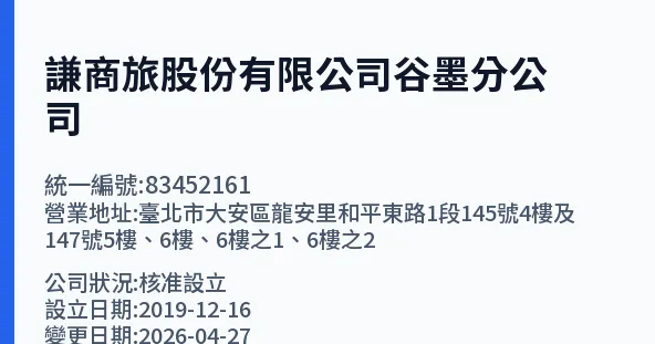 謙商旅股份有限公司谷墨分公司的照片-統編 83452161(臺北市) 公司登記資料與營業項目詳細圖表