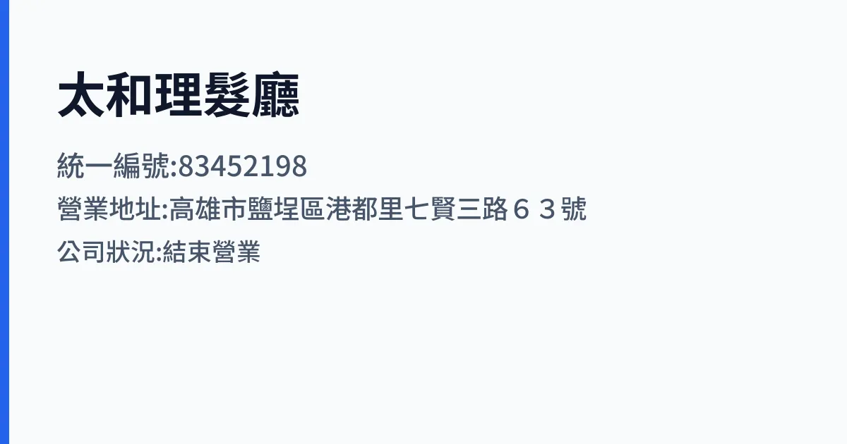 太和理髮廳 - 統編 83452198（高雄市） 公司登記資料與營業項目詳細圖表