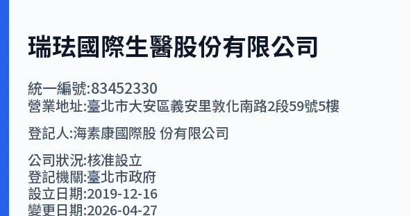 瑞珐國際生醫股份有限公司的照片-統編 83452330(臺北市) 公司登記資料與營業項目詳細圖表